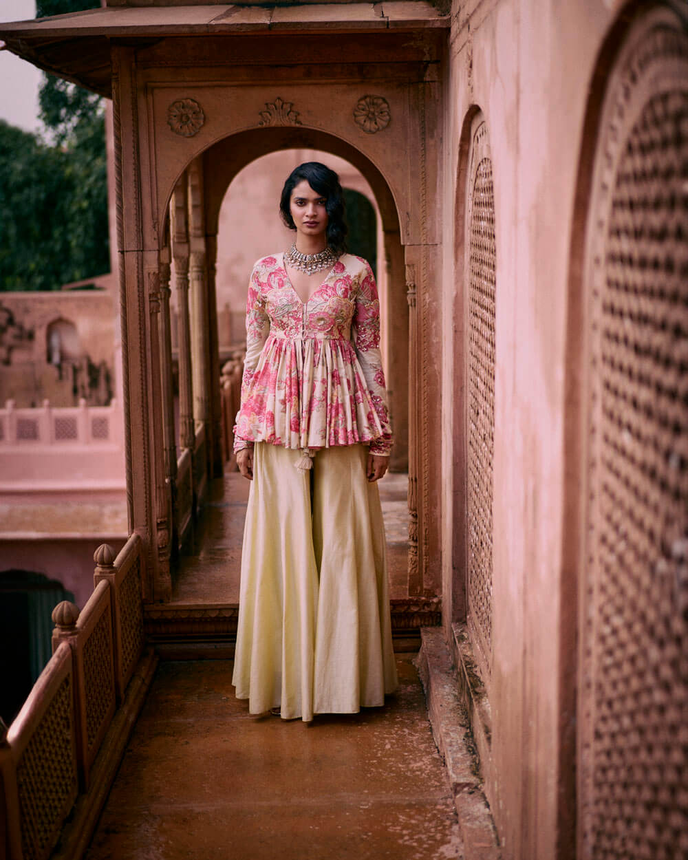 Ivory Floral Roop Peplum Set With Palazzo – Leela Lane